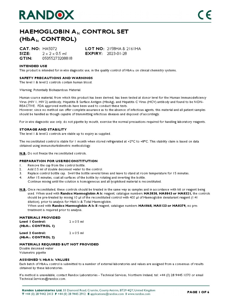 Haemoglobin A Control Set (Hba Control) | PDF | Glycated Hemoglobin | Infection