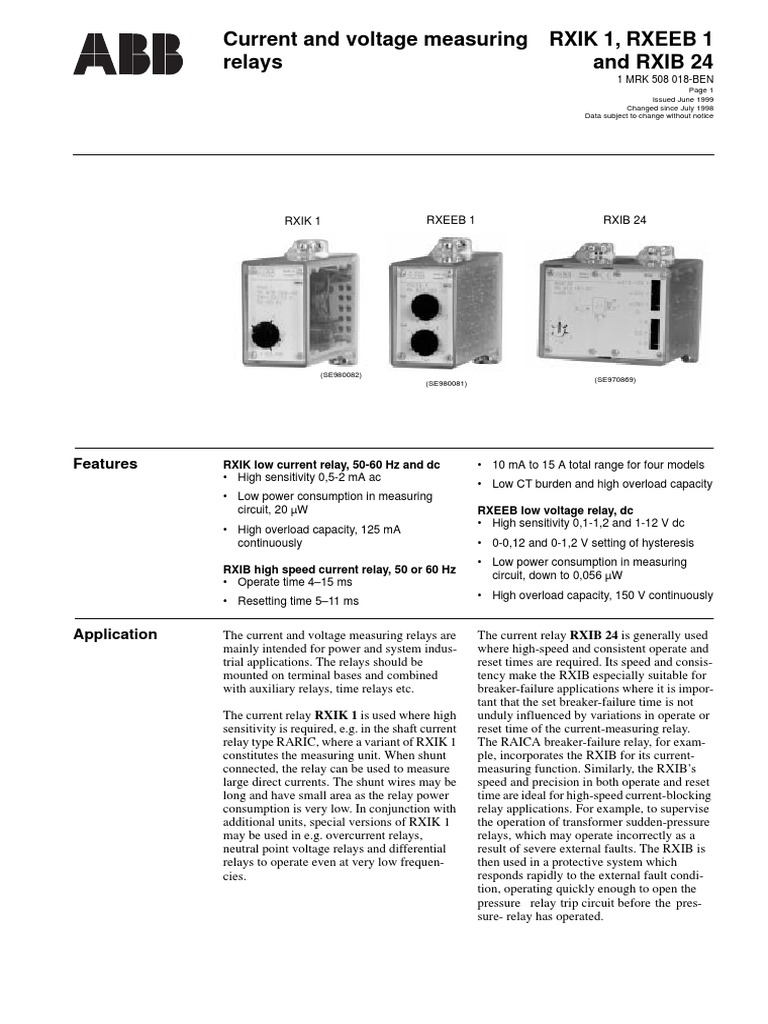 Current and Voltage Measuring Relays Rxik 1, Rxeeb 1 and RXIB 24 | PDF | Relay | Rectifier