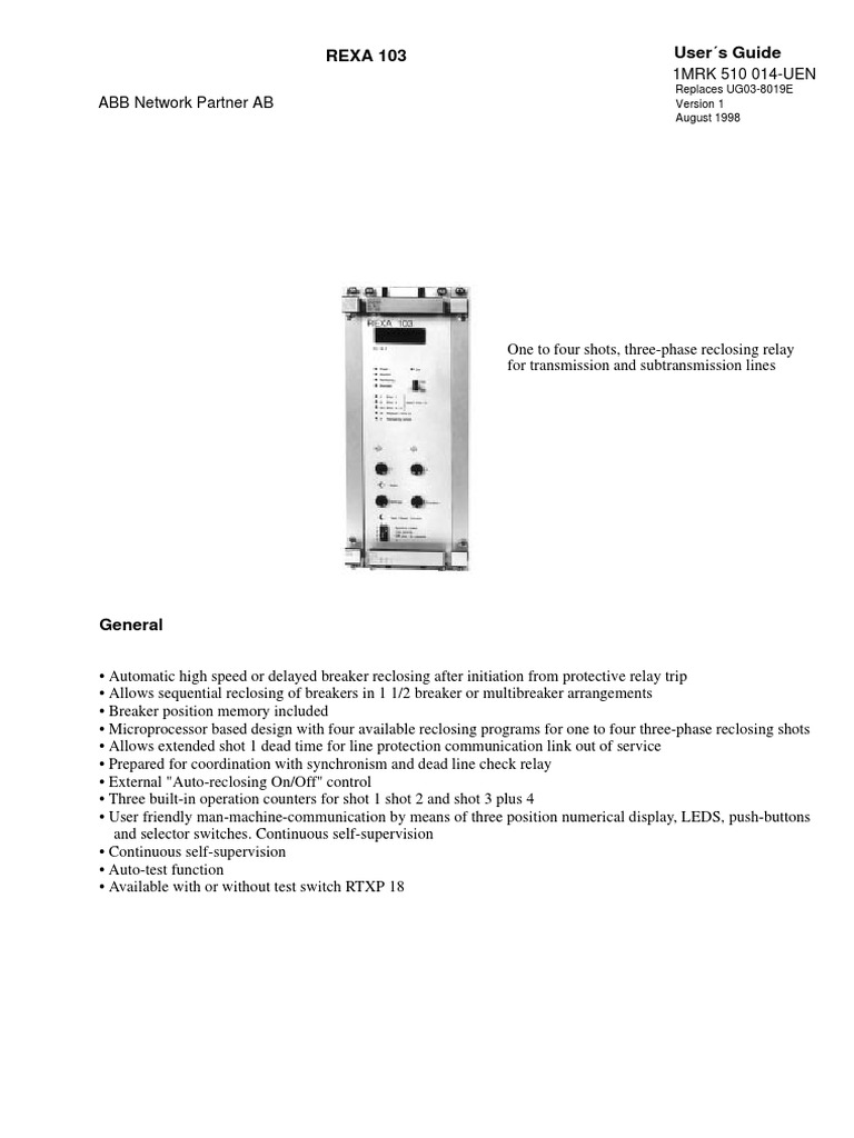 1MRK510014-UEN 1 en UserAs Guide REXA 103 | PDF | Relay | Switch