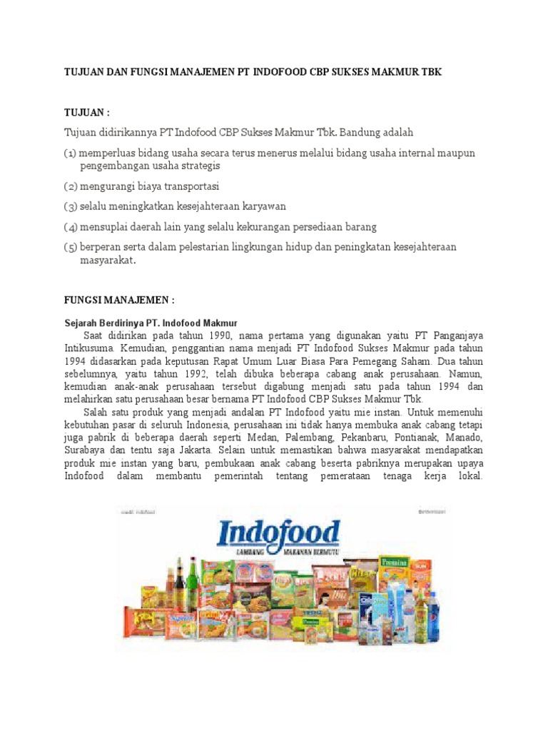 Tujuan Dan Fungsi Manajemen PT Indofood CBP Sukses Makmur TBK | PDF