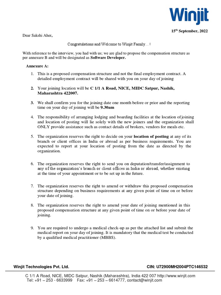 Sakshi Aher - Pre Placement Offer - Winjit | PDF | Business