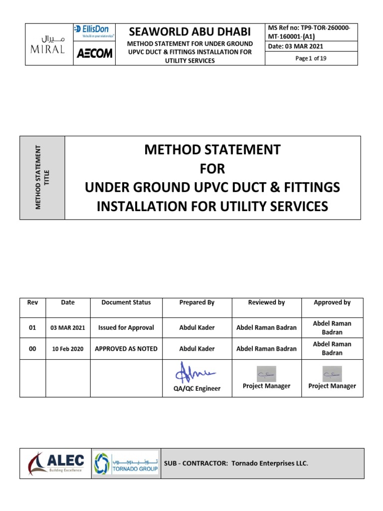 Method Statement For Underground UPVC Duct & Fittings Installation For Utility Services | PDF ...