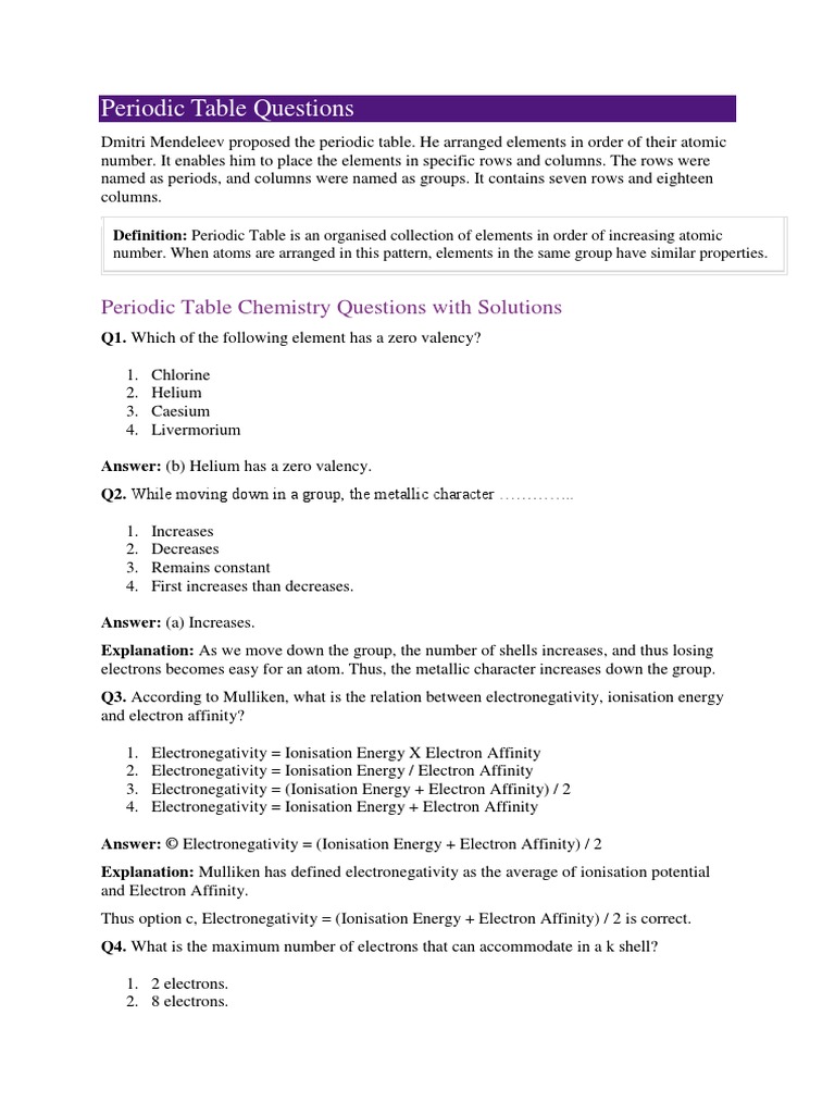 Periodic Table Questions and Answers | PDF | Periodic Table | Electron ...