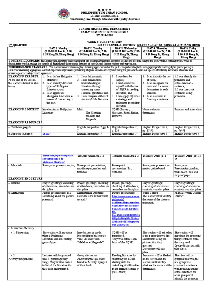 Grade 7 - DLL | PDF | English Language | Subject (Grammar)