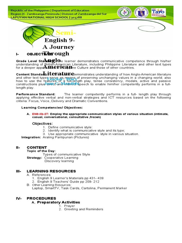 7 E's Lesson Plan: Communicative Styles | PDF | Learning | Teachers