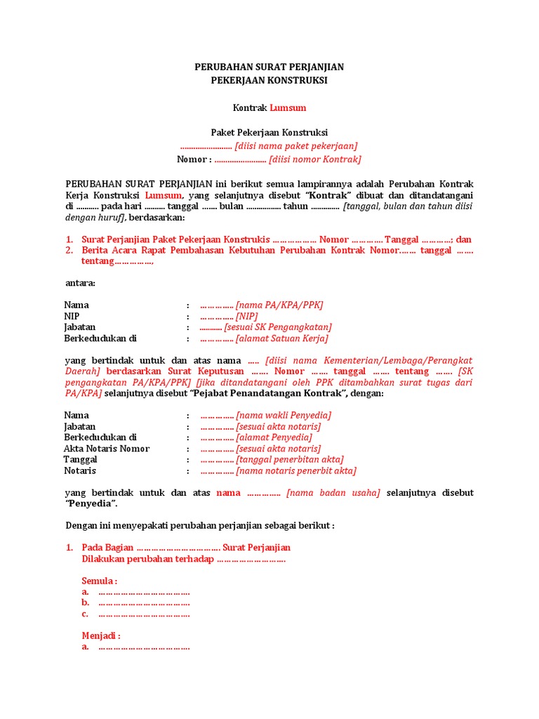 Contoh Format Perubahan Surat Perjanjian (Pekerjaan Konstruksi) | PDF