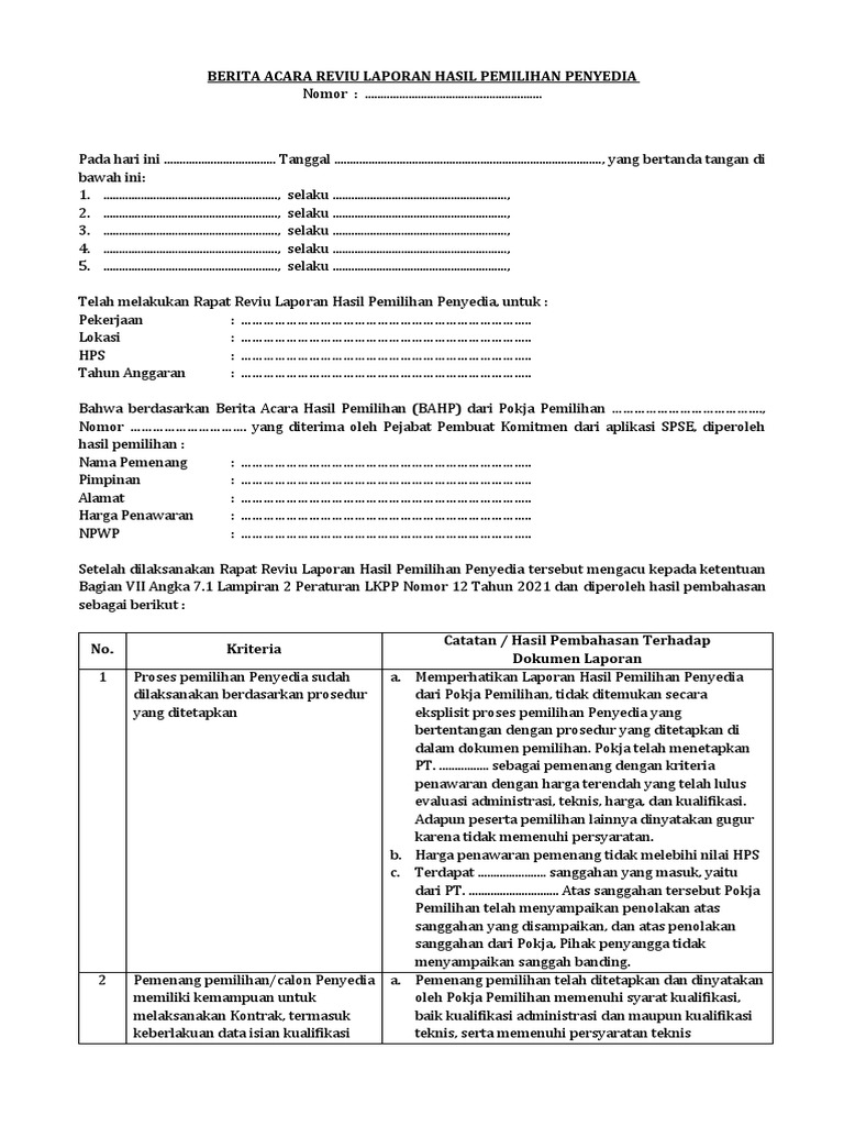 BA Reviu Laporan Hasil Pemilihan Penyedia | PDF