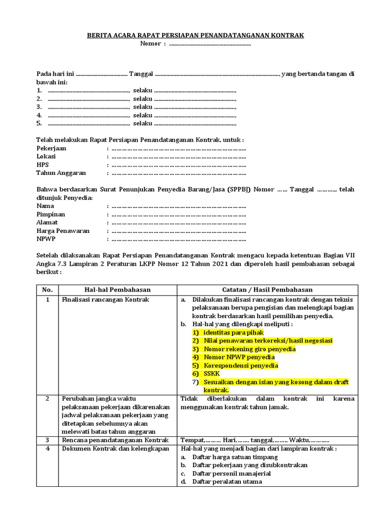 BA Rapat Persiapan Penandatanganan Kontrak | PDF