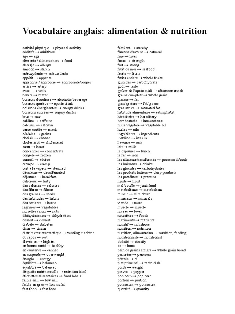 Fiche Vocabulaire Anglais Alimentation Nutrition | PDF | Nutrition ...