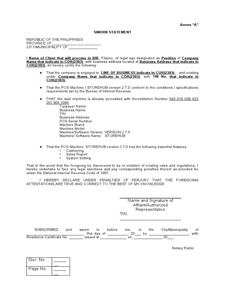 BIR POS Sworn Statement | PDF | Point Of Sale