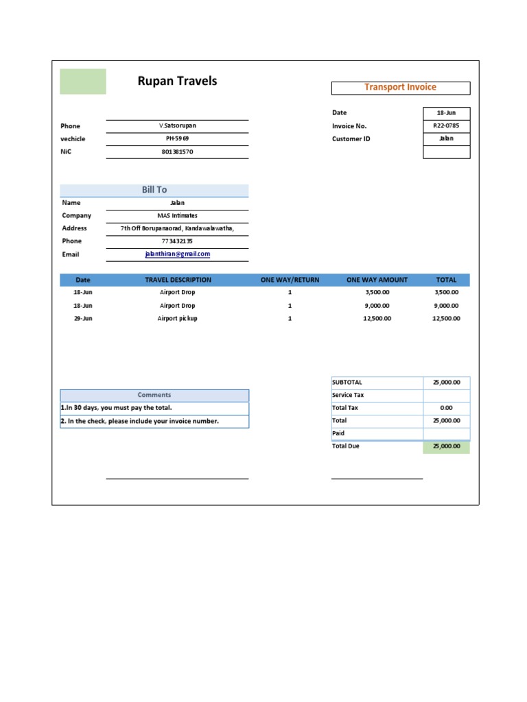 Transport Bill Format in Excel | PDF