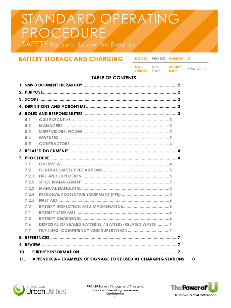 Battery Storage and Charging SOP | PDF | Rechargeable Battery ...