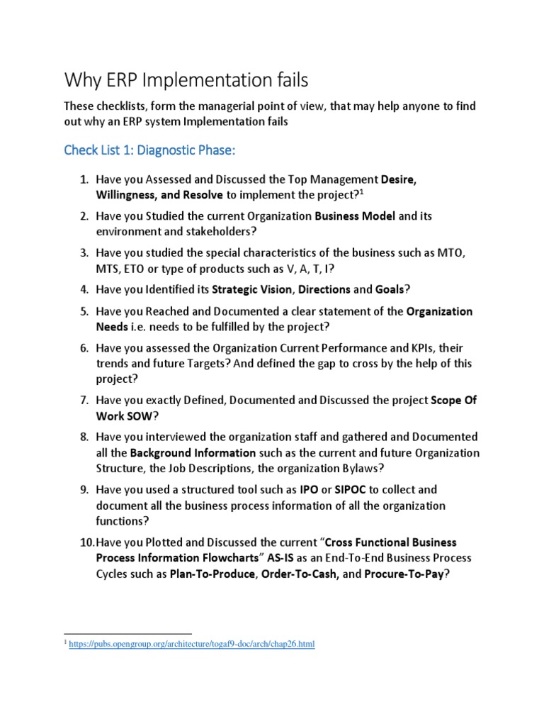 Why ERP Implementation Fails: Check List 1: Diagnostic Phase | PDF | Enterprise Resource ...