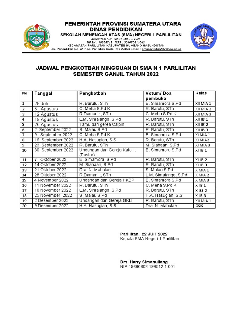 Jadwal Pengkotbah Mingguan Di SMA N 1 Parlilitan | PDF