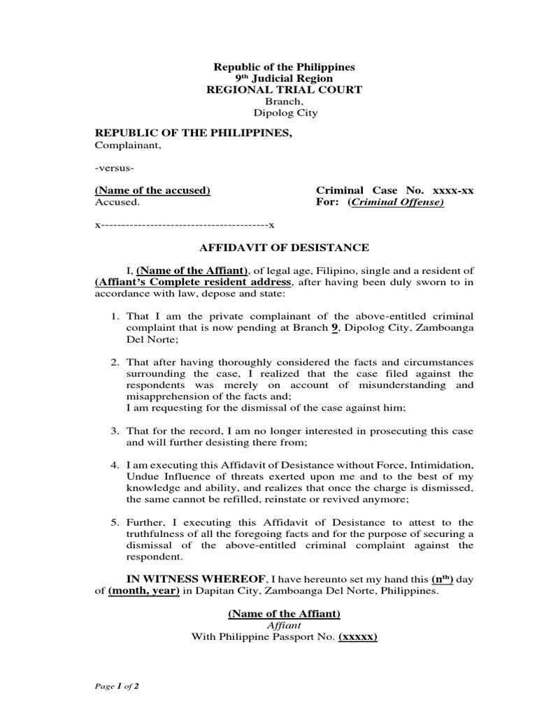 Affidavit of Desistance | PDF | Affidavit | Public Law