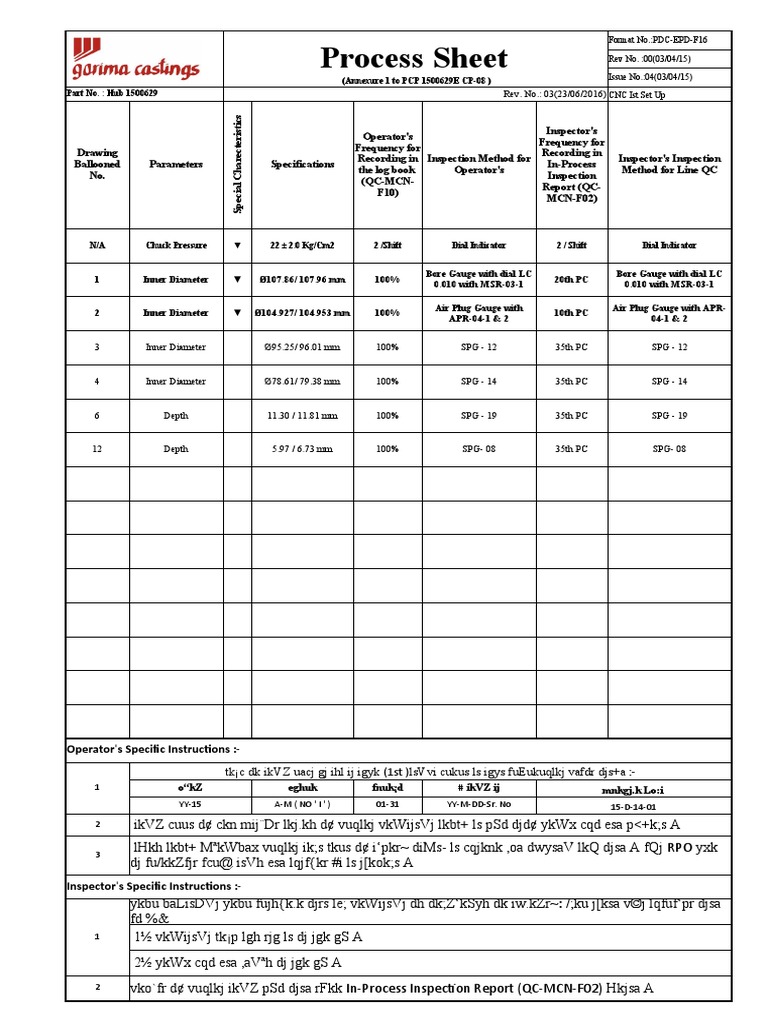 Process Sheet: Part No.: Hub 1500629 (Annexure 1 To PCP 1500629E CP-08 ...