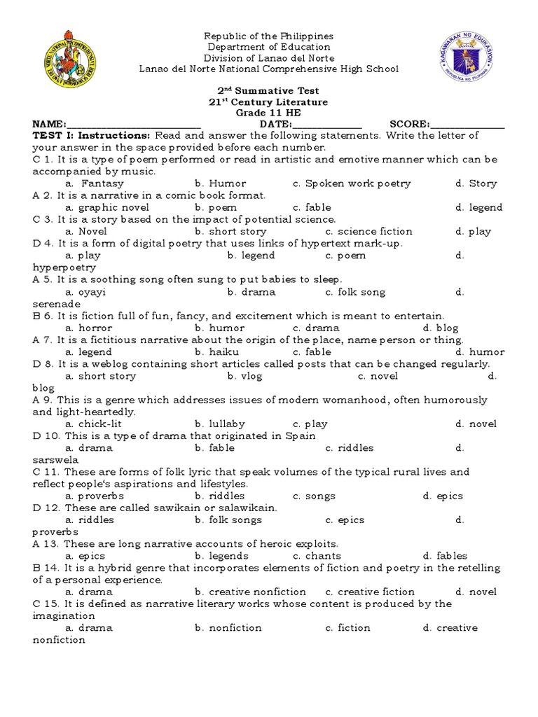 21ST 2nd SUMMATIVE Answer Key | PDF | Poetry | Narrative