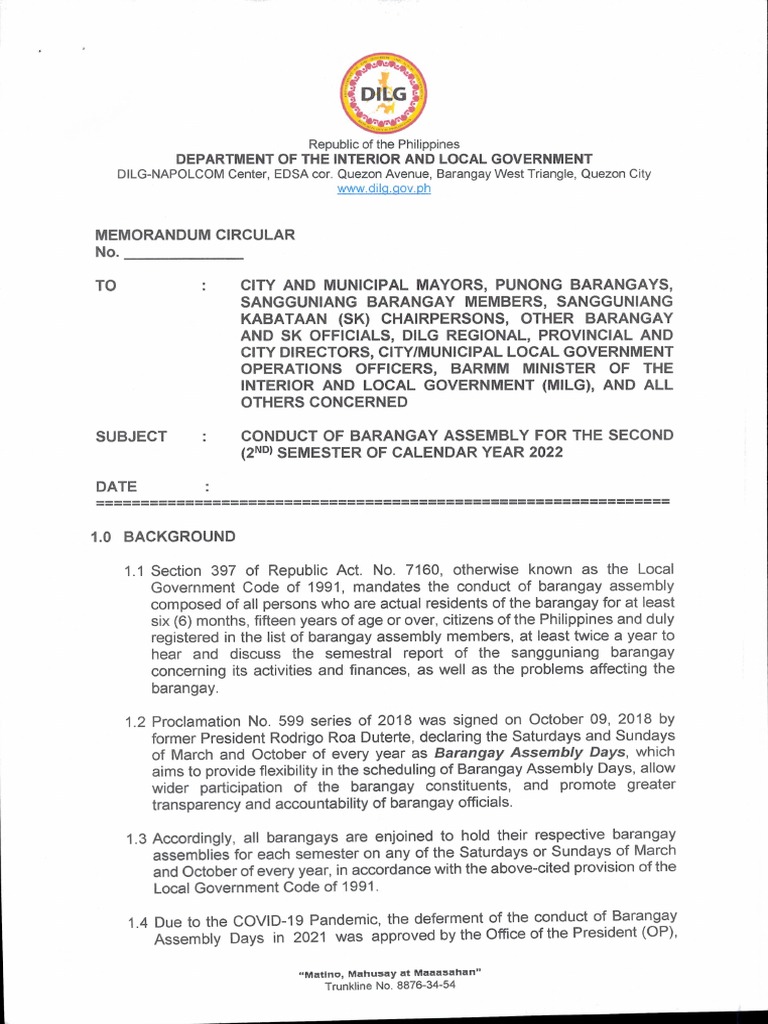 Dilg MC Re Barangay Assembly For The 2ND Sem of Cy 2022 | PDF | Philippines
