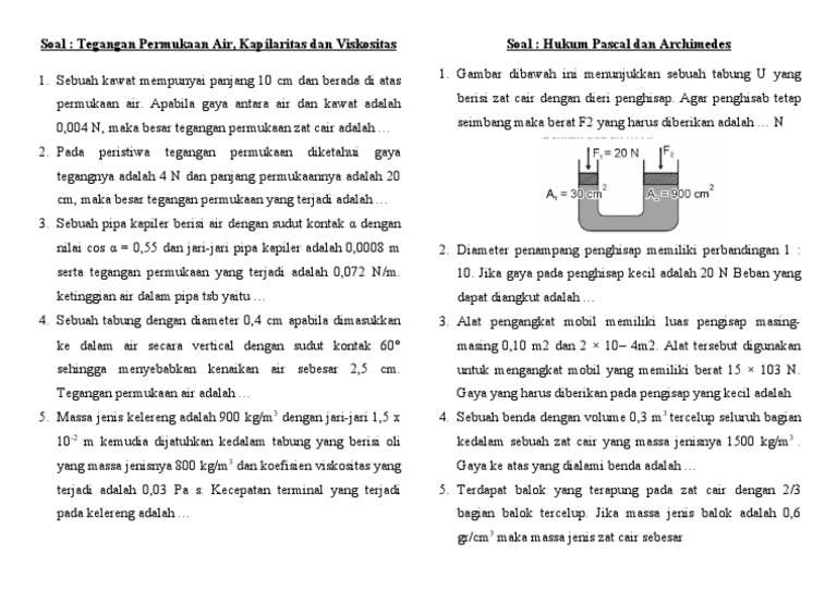 Contoh Soal Tegangan Permukaan Air J Kapilaritas J Viskositas J HK Pascal 0 Archimedes | PDF