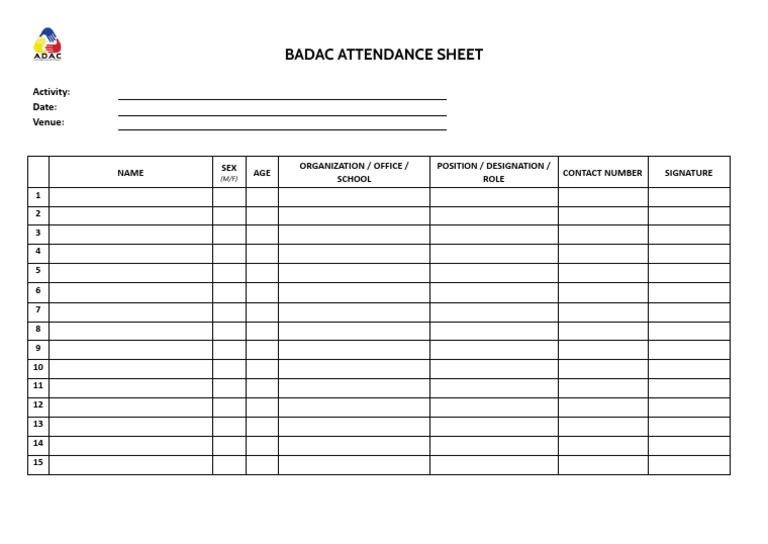 BADAC TEMPLATE - Attendance Sheet-1 | PDF