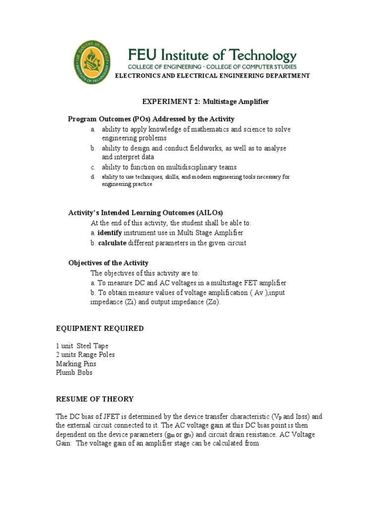 Laboratory Experiment 2 Multistage Amplifier | PDF | Amplifier | Electrical Impedance