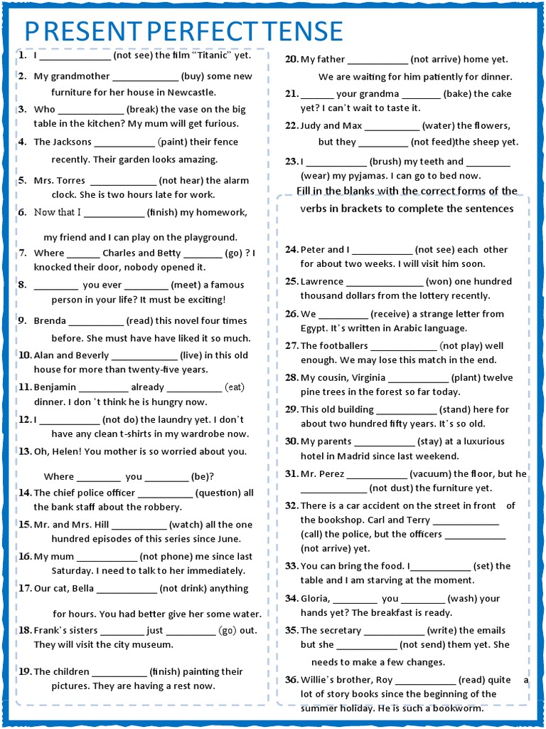 Present Perfect Tense Esl Printable Gap Fill Exercise Worksheet | PDF Present Perfect Tense Esl Printable Gap Fill Exercise Worksheet | PDF