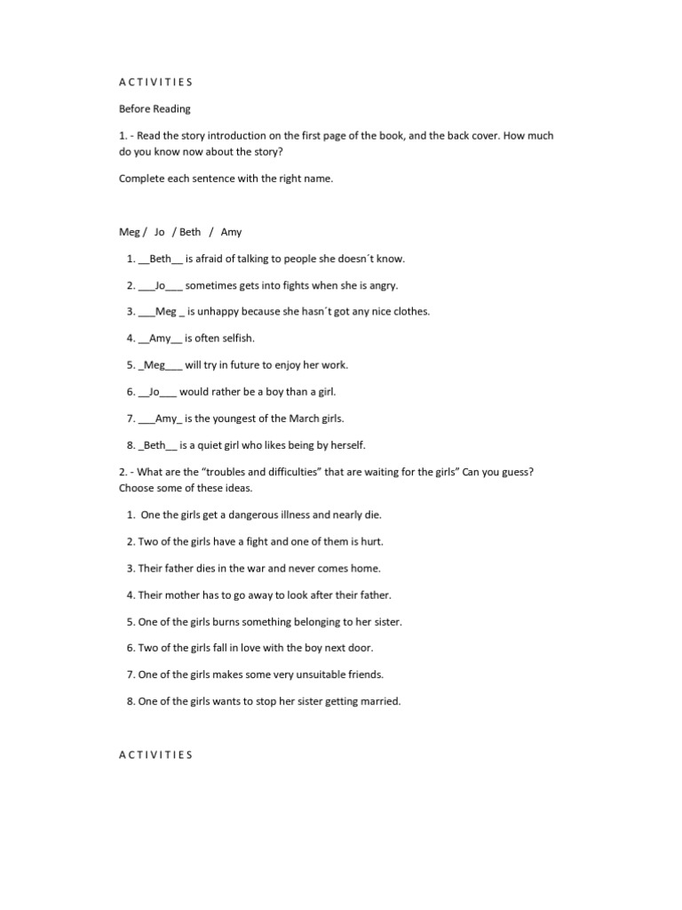 Little Women Activities | PDF | Little Women | Leisure