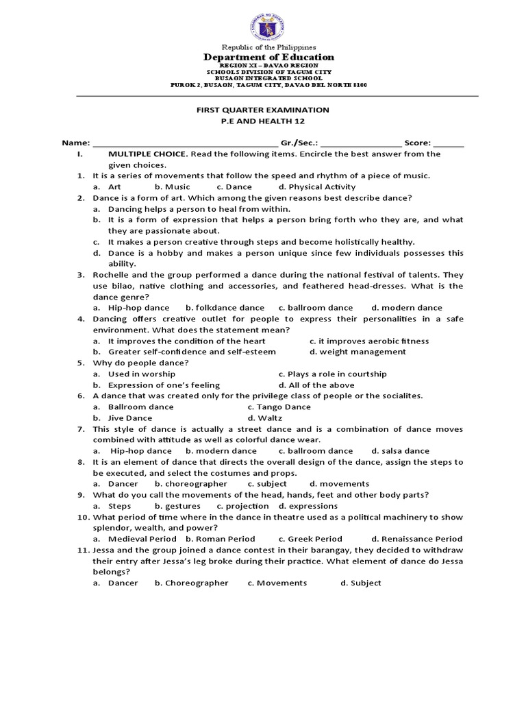 PE and Health Q1 Exam | PDF | Physical Fitness | Dances