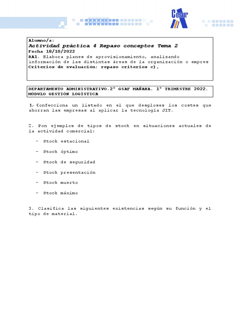 Gestión Logística Tema 2. Actividad 4 - Repaso Conceptos Tema | PDF