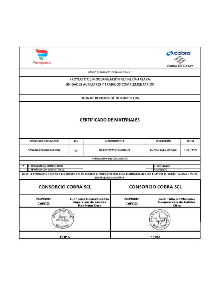 S-TAL-IS4-GEN-QUA-CM-0001 - 01 - Certificado de Materiales - RSC | PDF | Sistema de manejo de ...