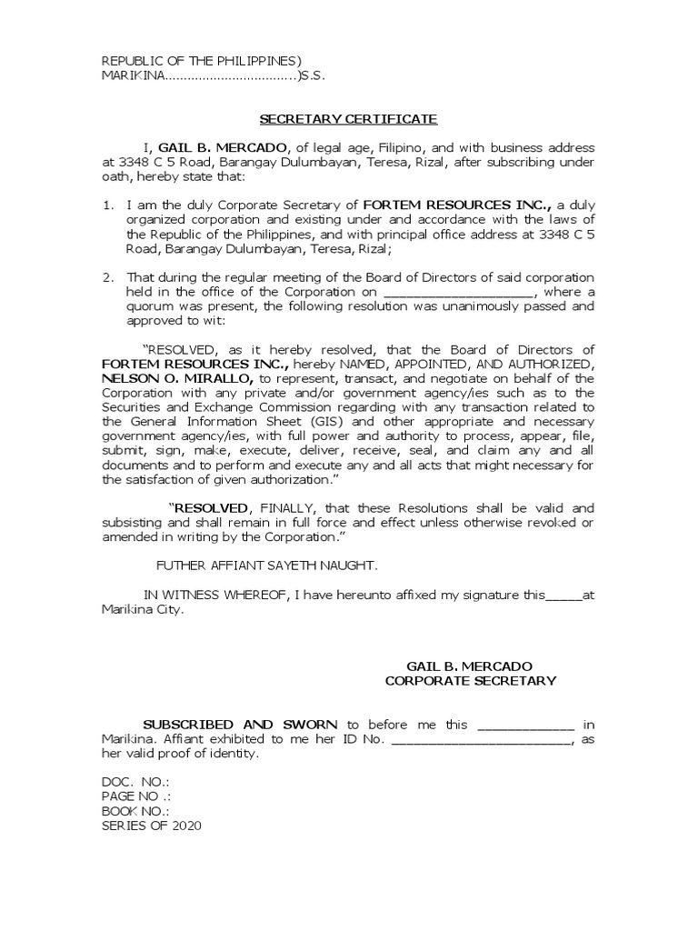 Secretary Certificate For Sec Gis 1-13-2021 | PDF | U.S. Securities And ...