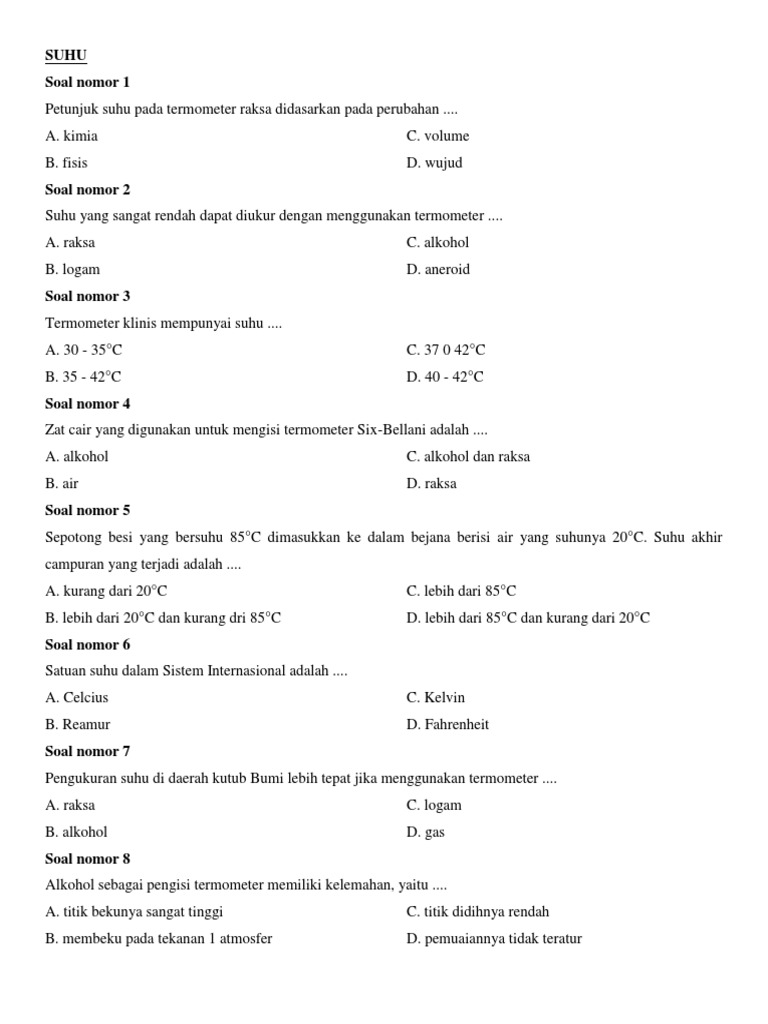 Soal Suhu dan Termometer Kelas 7 | PDF | Metode & Bahan Ajar ...