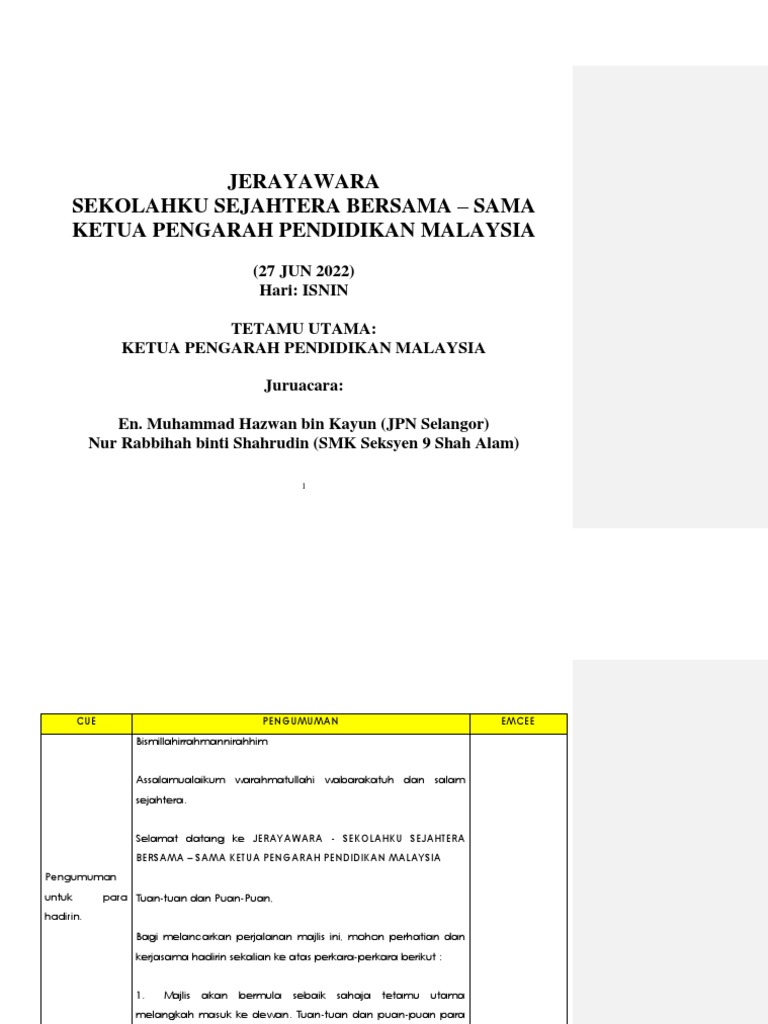 Teks Juruacara Majlis Jerayawara Selangor 2022 | PDF