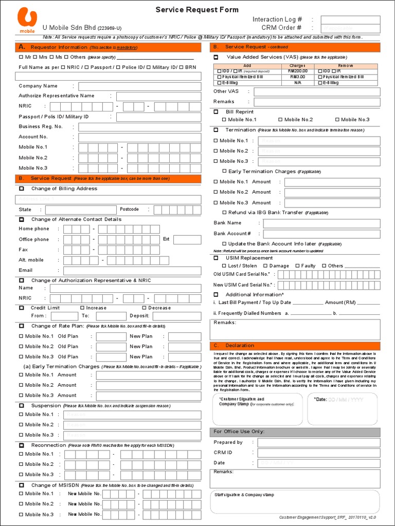U Mobile Service Request Form | PDF | Service Industries