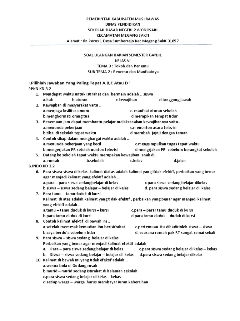 Soal Ulangan Harian Tema 3 Sub Tema 2 | PDF