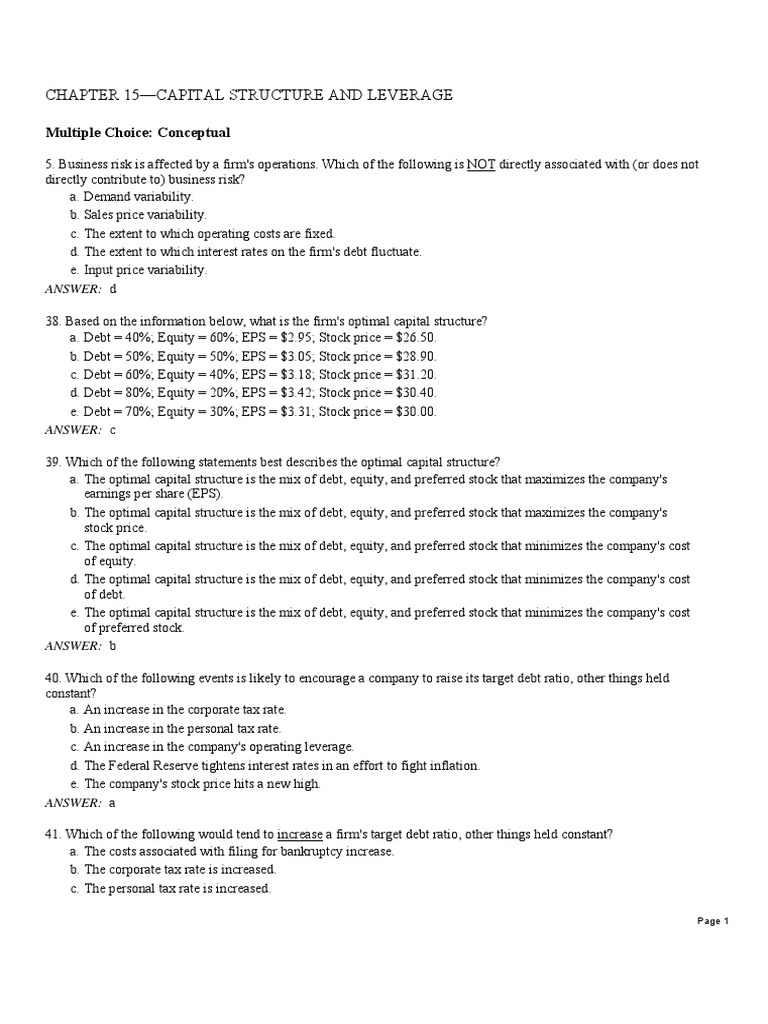 CHAPTER 15—CAPITAL STRUCTURE AND LEVERAGE Multiple Choice | PDF | Capital Structure | Cost Of ...