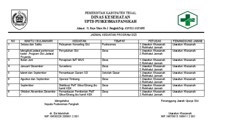 Jadwal Kegiatan Program Gizi | PDF