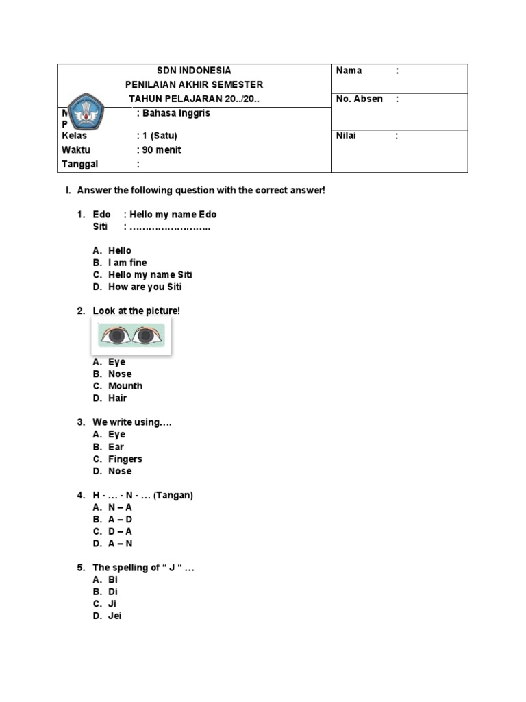 Soal Pas B Inggris Kelas 1 Ganjil Pdf