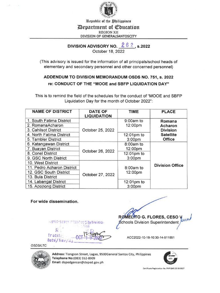 Division Advisory 262, S.2022 - Addendum To Division Memo 751, S.2022 - Conduct of The Mooe and ...