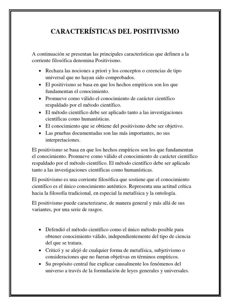 Las características fundamentales del positivismo como corriente ...