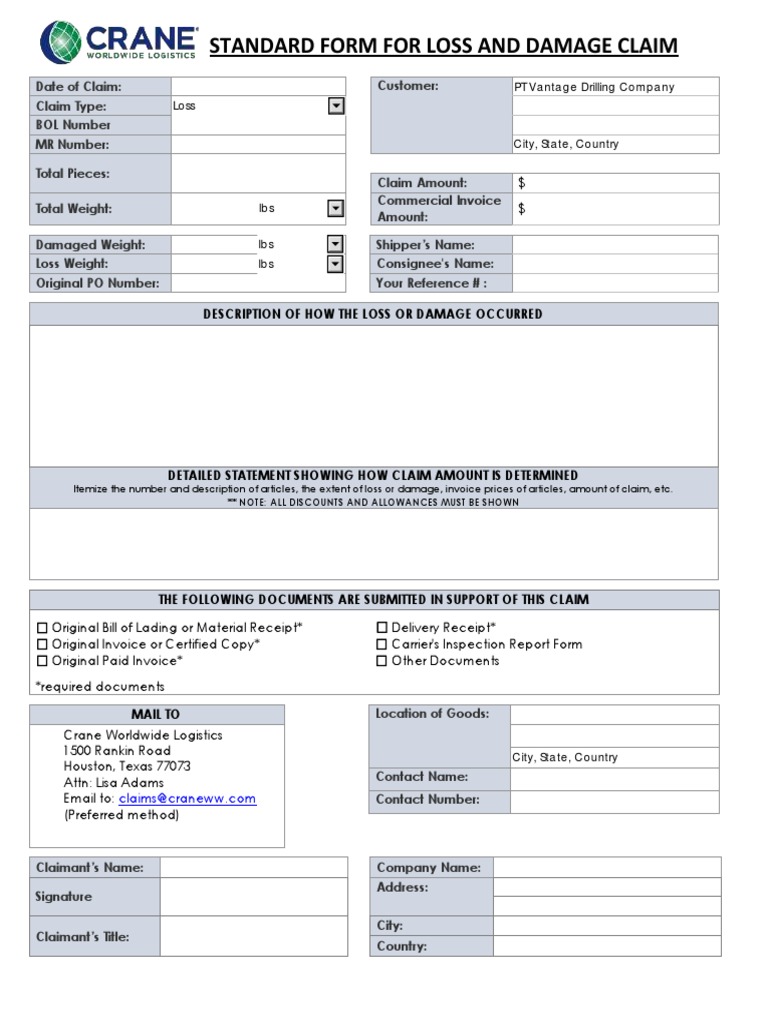 Claim Form Damage Loss v4 0 | PDF | Cargo | Bill Of Lading