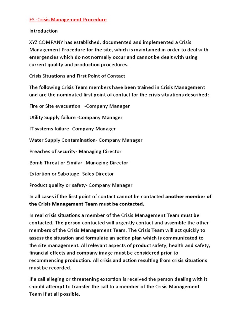 PS - Crisis Management Procedure | PDF | Crisis Management | Emergency