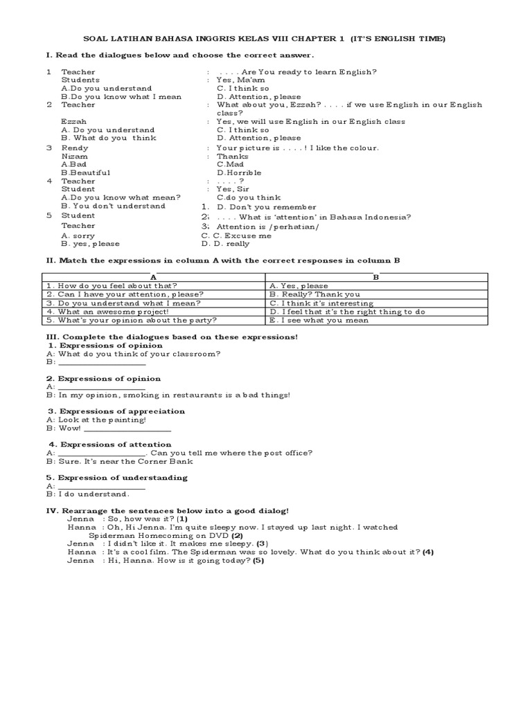 Soal Latihan Bahasa Inggris Kelas Viii Chapter 1 | PDF