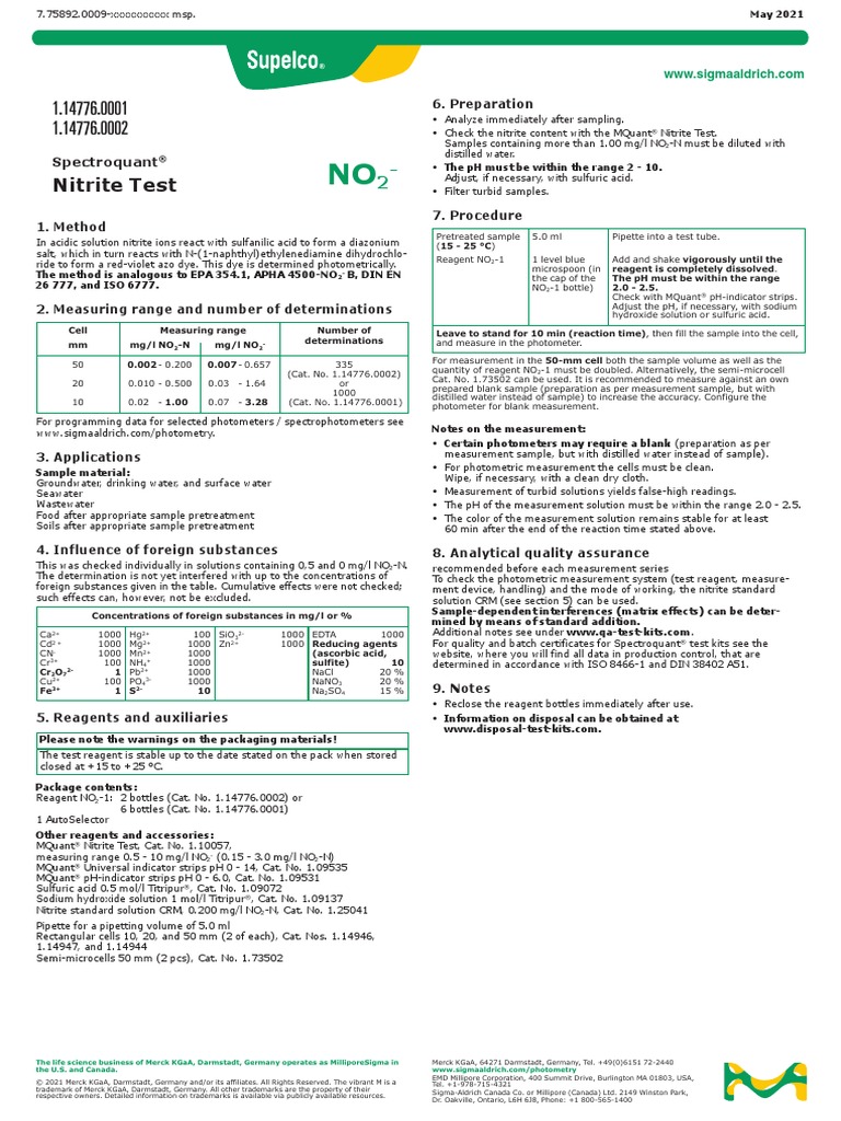 Spectroquant Nitrite Test 114776 | PDF | Ph | Nitrite