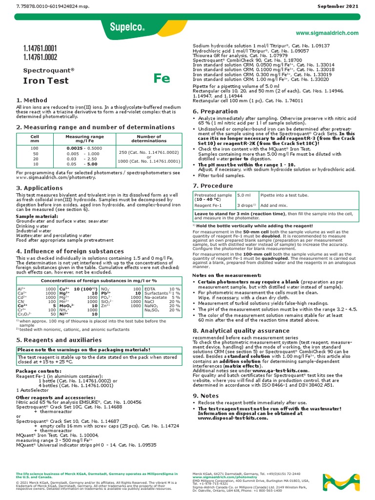 Spectroquant Iron Test 114761 | PDF | Iron | Water