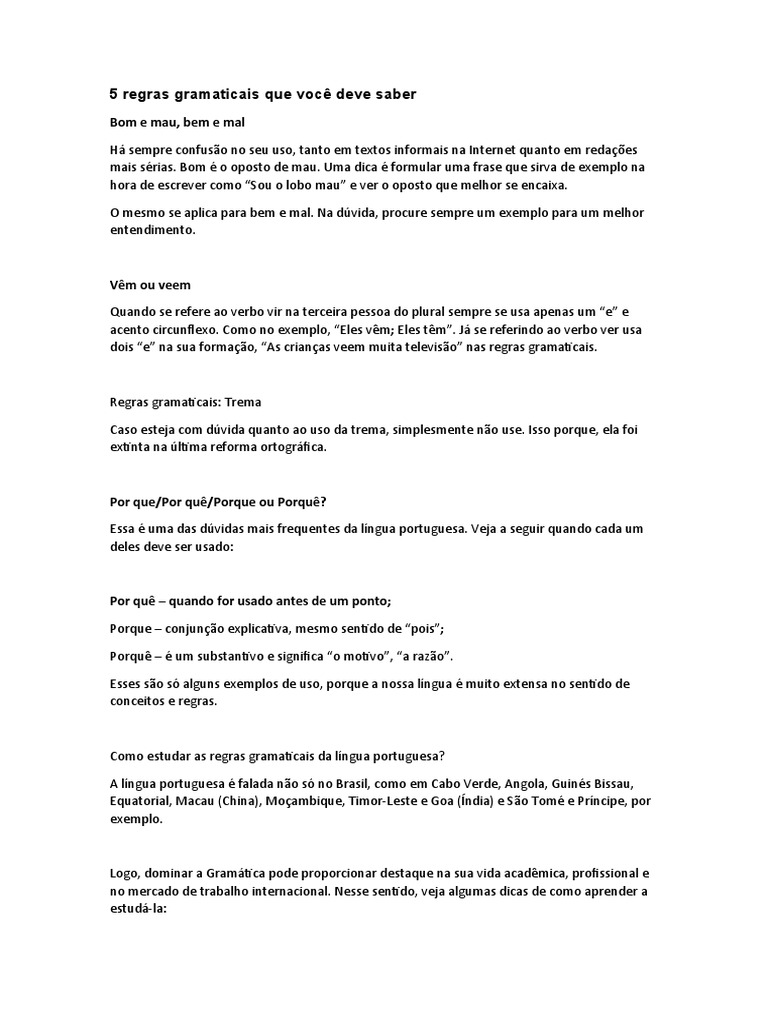 5 Regras Gramaticais Que Você Deve Saber | PDF | Gramática | Português ...