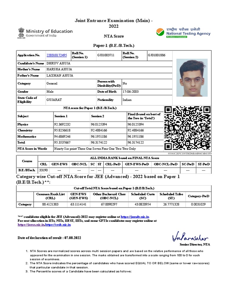 JEE Main 2022 Score Report | PDF | Career And Technical Education | Vocational Education