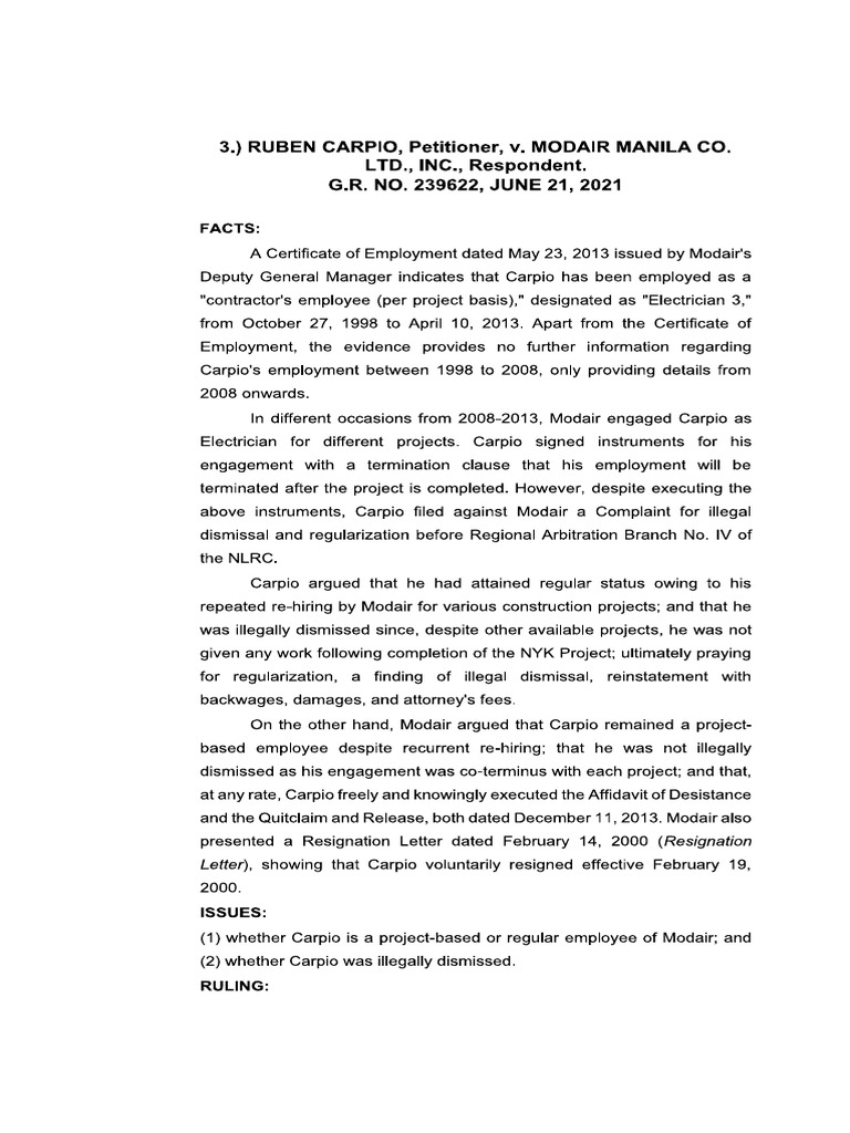Ruben Carpio, Petitioner, V. Modair Manila Co. | PDF