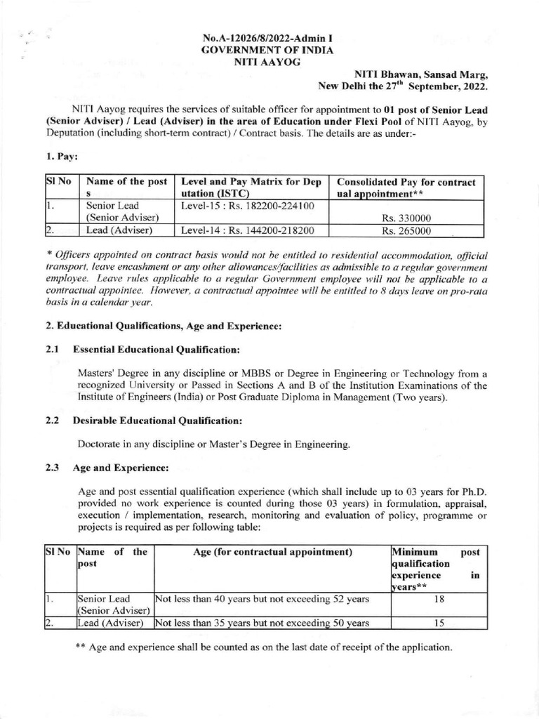 Niti Aayog Recruitment 2022 1 Pdf Academic Degree Postgraduate