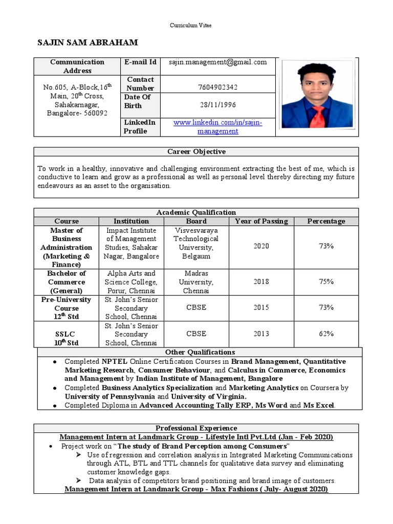 Sajin Sam Abraham CV 2020 Job Application 823708 | PDF | Brand | Business
